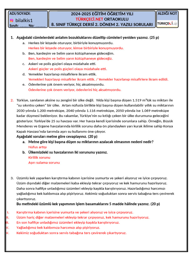 2024 2025 Egitim Ogretim Yili Turkce Dersi HECCEYayinlari 8. Sinif 2. Donem 2. Acik Uclu Sinav 2 ...