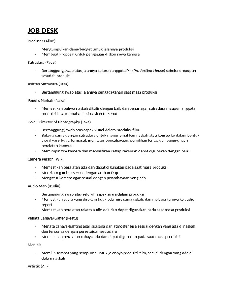 Job Desk Produksi Film dan Tugas Tim | PDF