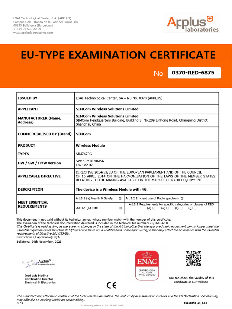 SIM7670G - CE Certificate - 2023 | PDF | Lte (Telecommunication ...