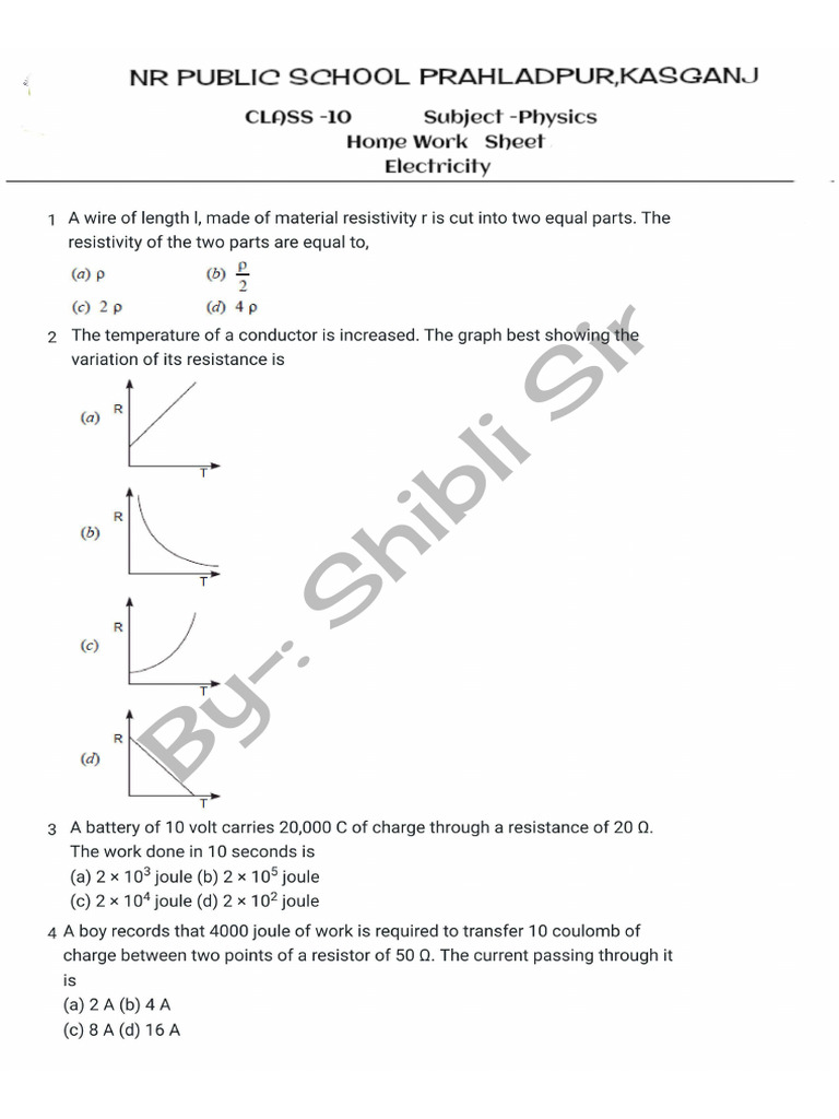 Electricity Sheet 1 | PDF