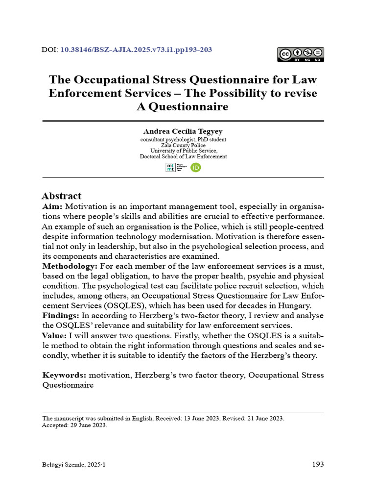 The Occupational Stress Questionnaire For Law Enforcement Services ...