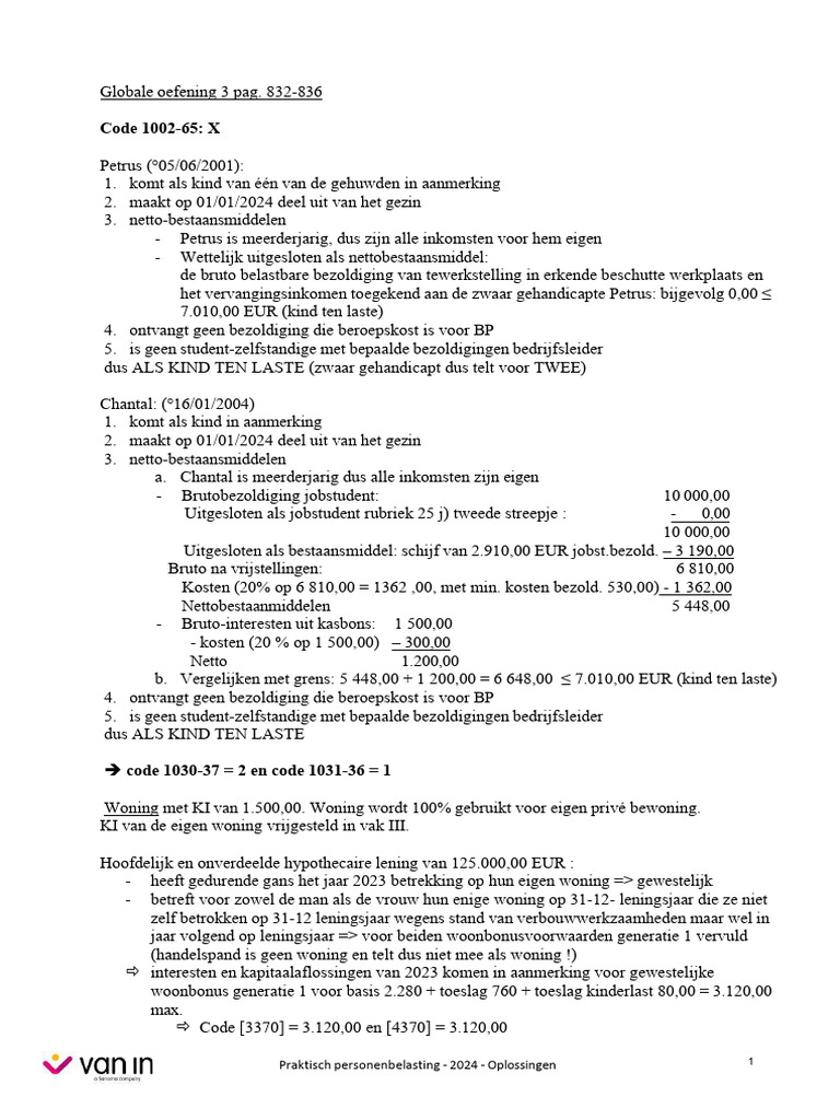 Code 1002-65: X: Praktisch Personenbelasting - 2024 - Oplossingen | PDF