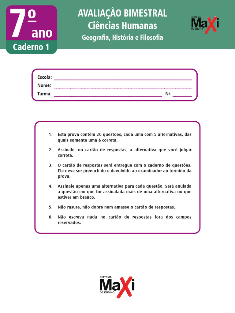 Prova - Sistema Maxi - 2025 - Ciências Humanas - 7º Ano - Caderno 1 | PDF | Existencialismo ...