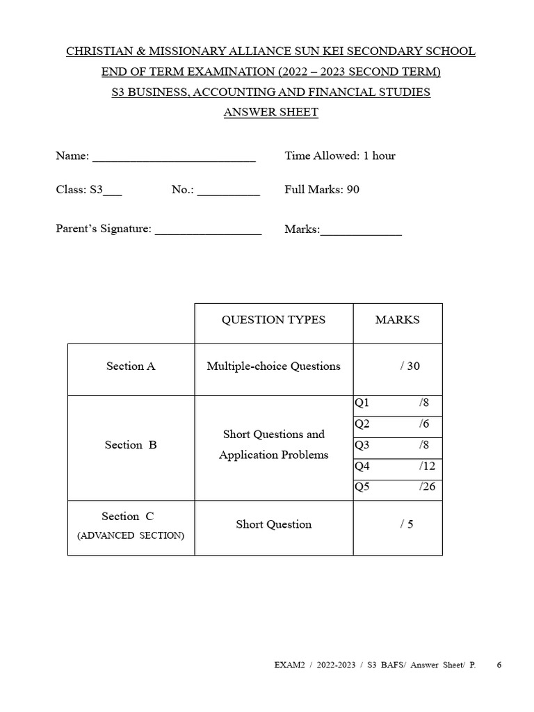 2223 s3 Bafs Exam2 Answer Sheet | PDF
