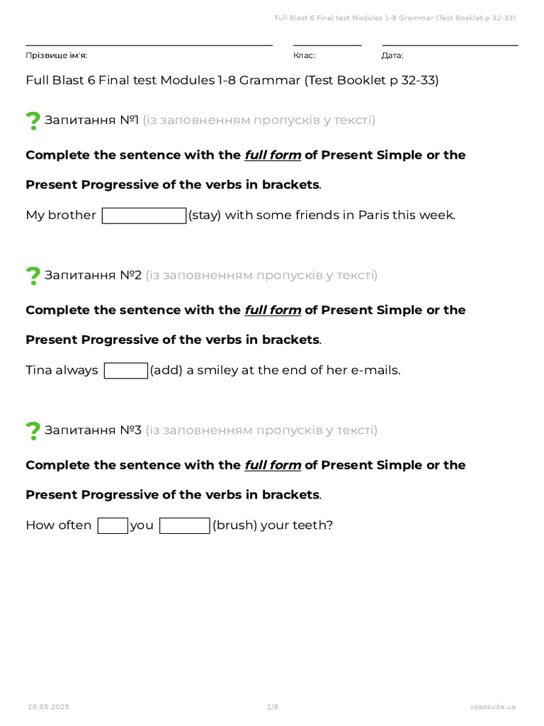 Full Blast 6 Final Test Modules 1 8 Grammar Test Booklet P 32 33 ...