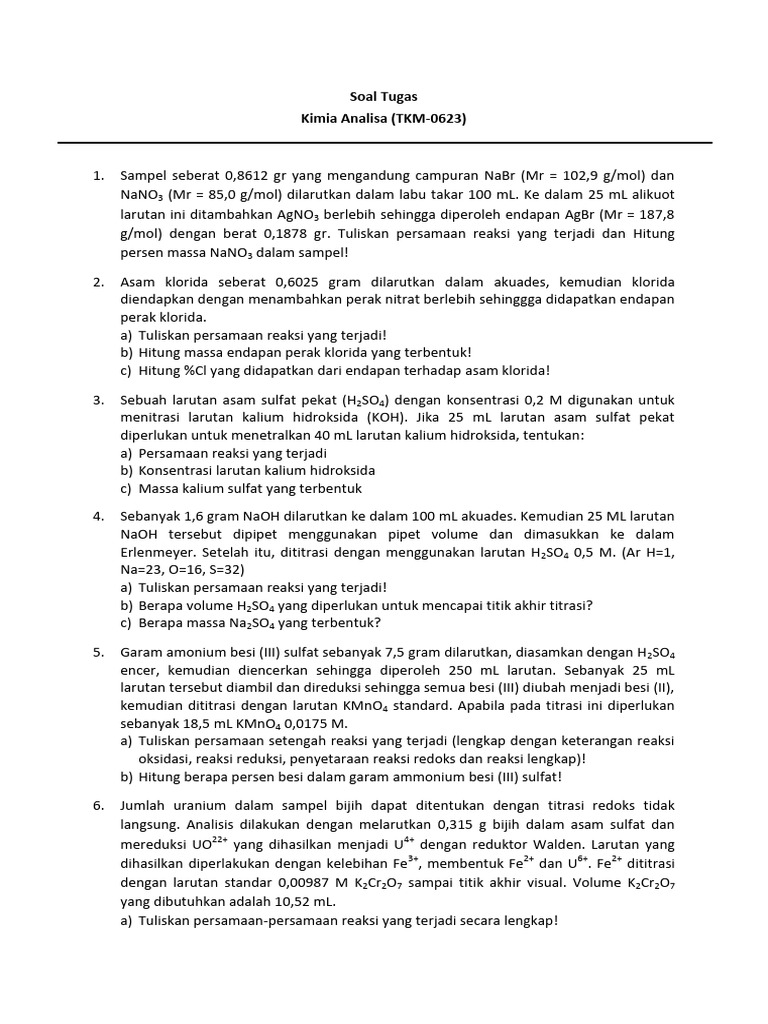 Soal Tugas Kimia Analisa 2025 | PDF