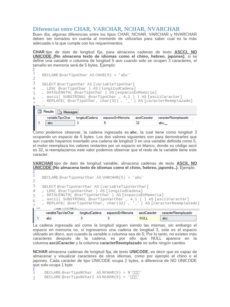 Diferencias Entre Char-Varchar-Nvarchar-Nchar | PDF | Ascii | Variable ...