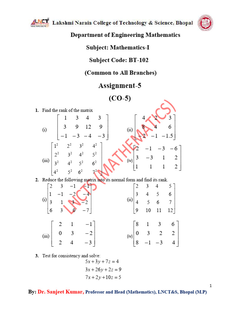 Assignment - 5 (CO-5) Btech 1year | PDF | Eigenvalues And Eigenvectors | Matrix (Mathematics)