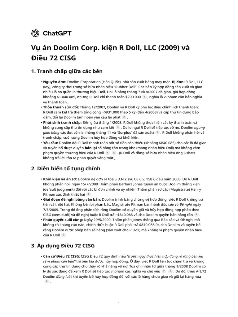 Vụ án Doolim Corp. kiện R Doll, LLC (2009) và Điều 72 CISG | PDF