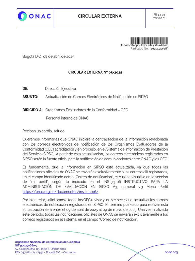 Circular Externa N 05 2025 Act Correo Elect SIPSO MR 1 | PDF | Informática