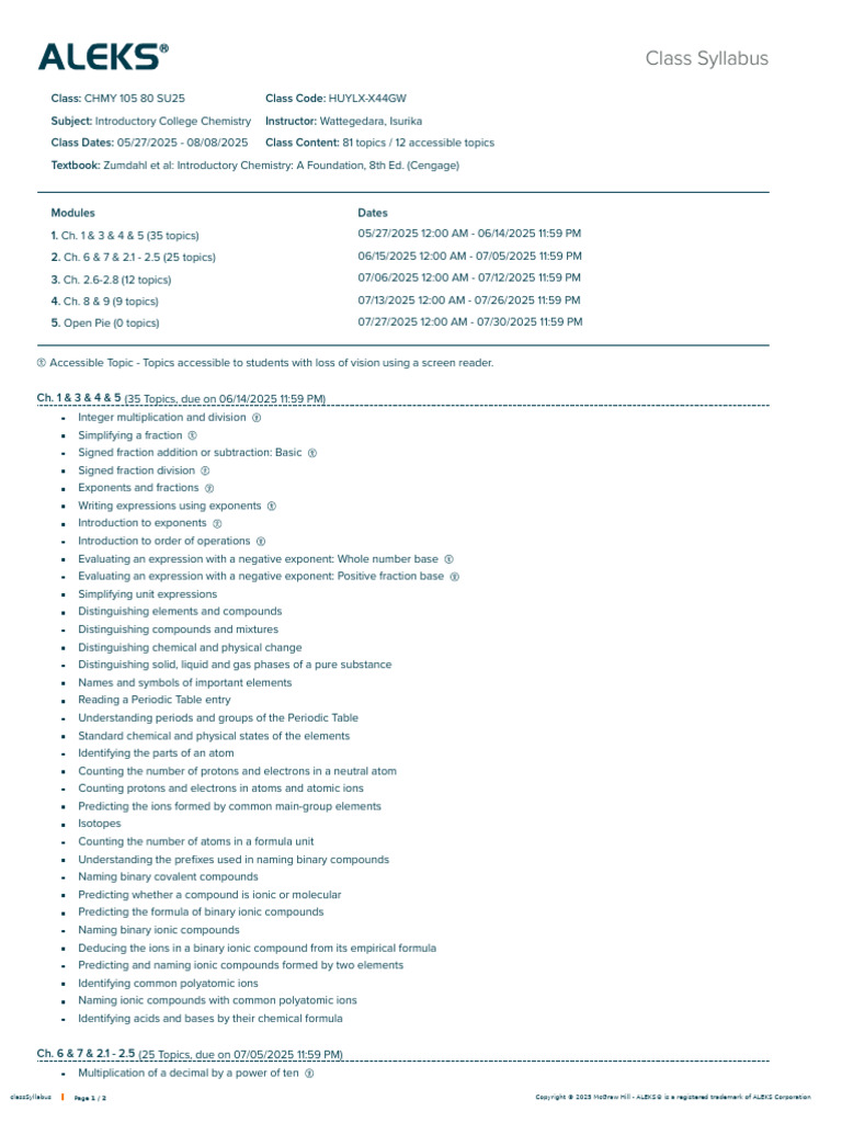 ALEKS Homework Topic List and Schedule | PDF | Chemical Compounds ...