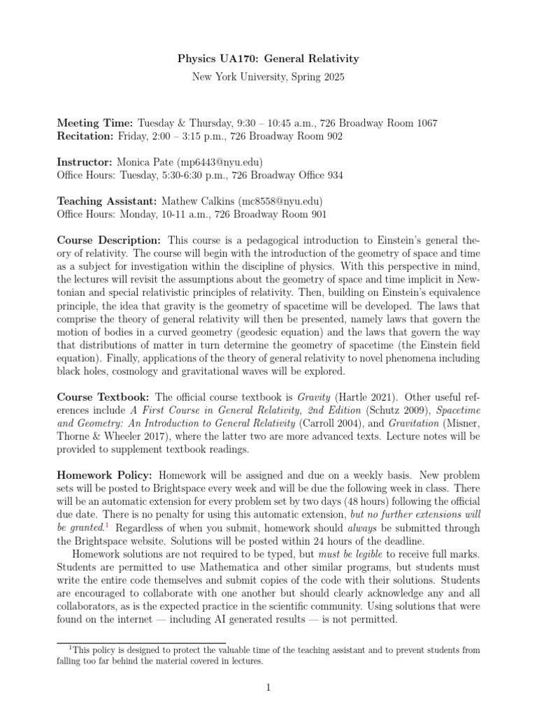 Syllabus General Relativity | PDF | General Relativity | Gravity