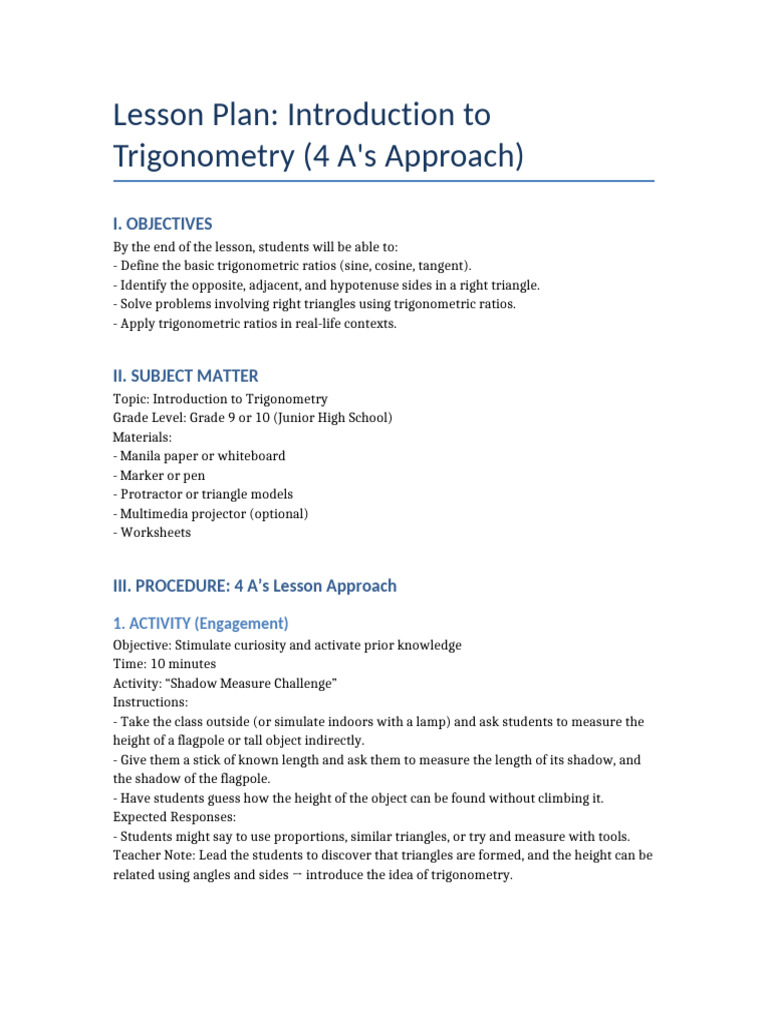 Trigonometry Lesson Plan 4as | PDF | Trigonometry | Trigonometric Functions