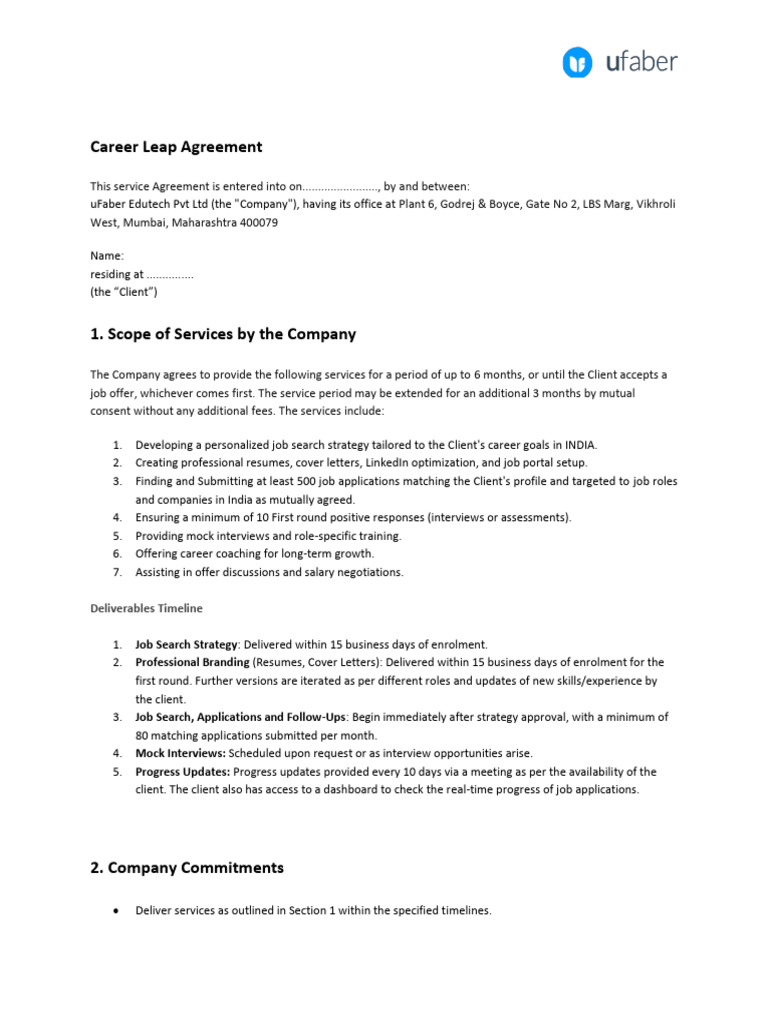 Career Leap India Agreement | PDF | Fee | Résumé