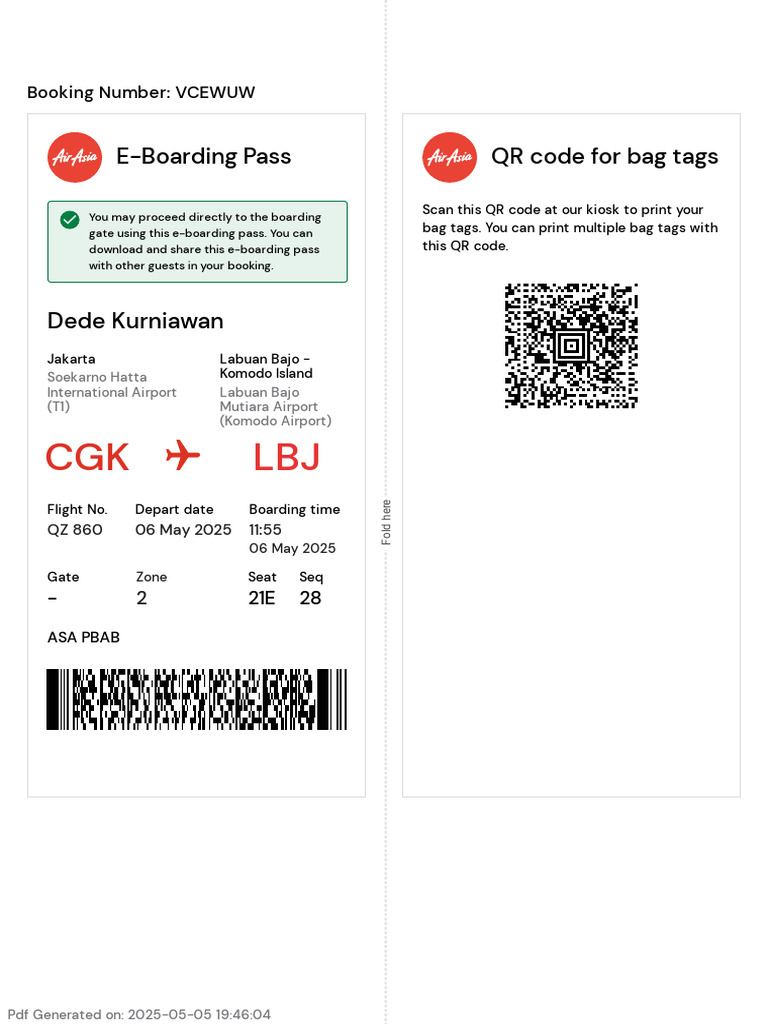 E-Boarding Pass QR Code For Bag Tags: Booking Number: VCEWUW | PDF