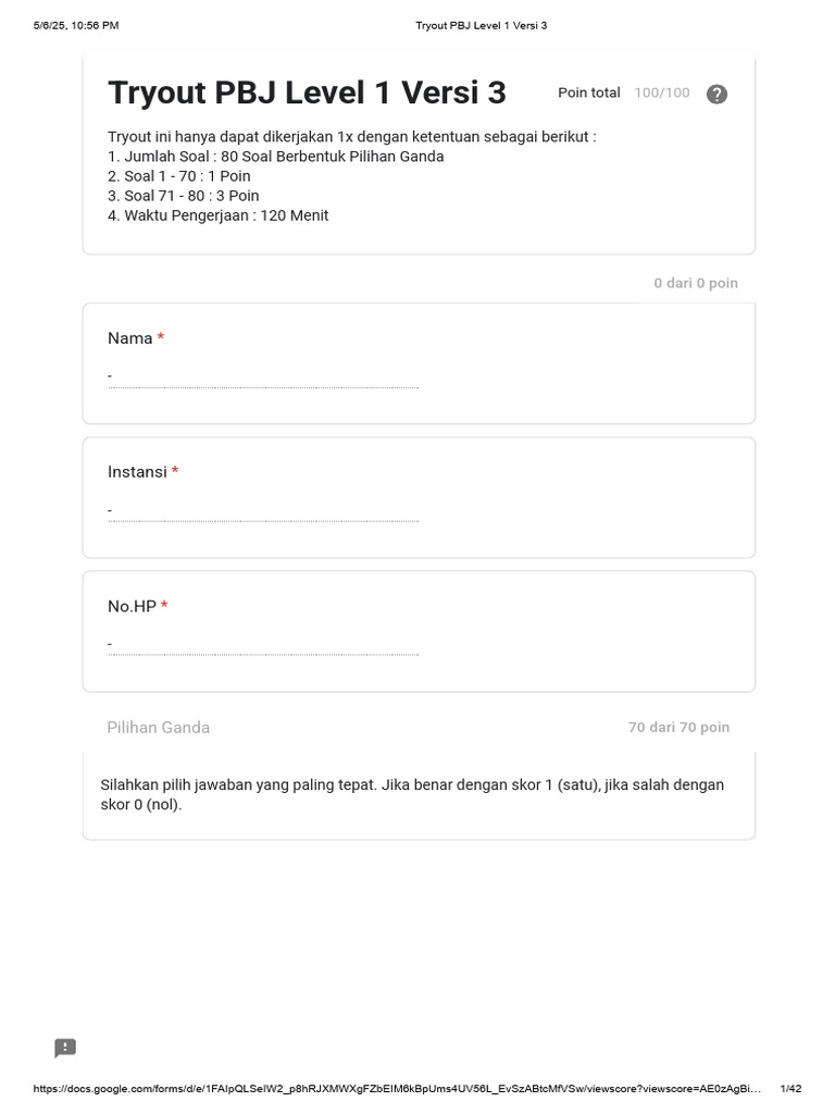 Tryout PBJ Level 1 Versi 3 | PDF