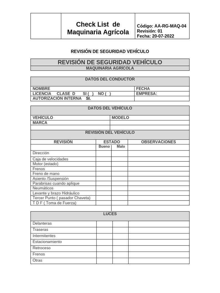 Check List de Seguridad para Maquinaria Agrícola | PDF