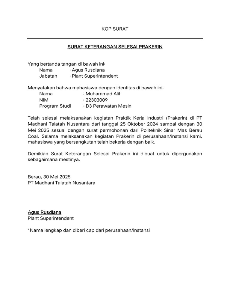 Format Surat Keterangan Selesai Prakerin Alif | PDF