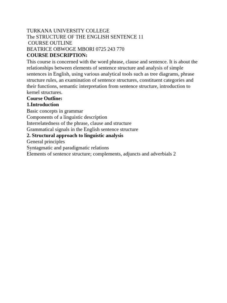 English Sentence Structure Course Outline | PDF | Syntax | Phrase