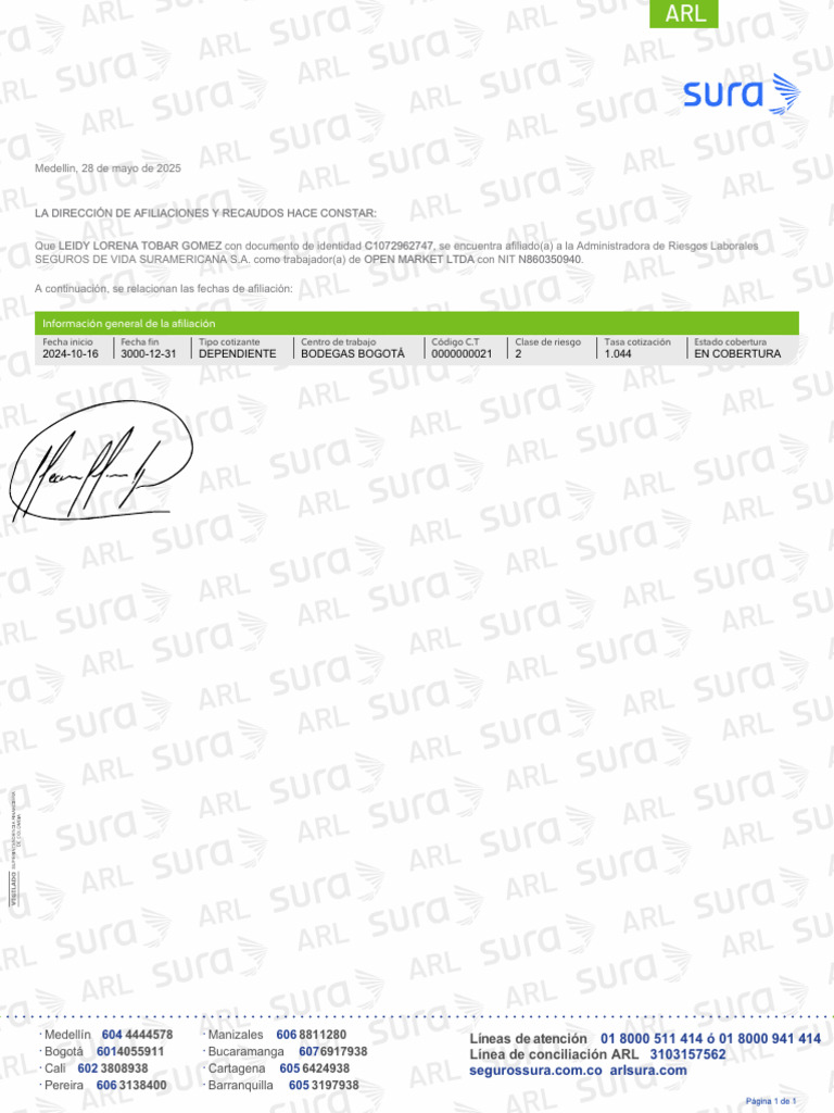 Certificado Arl 094135522 | PDF