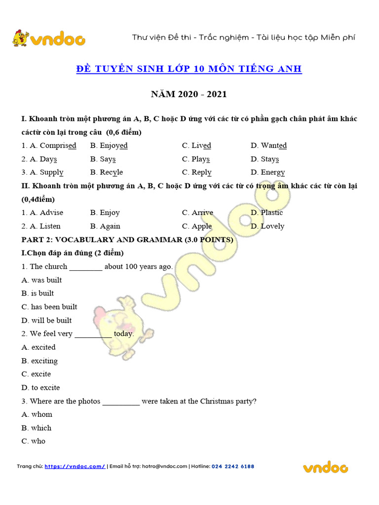 De Thi Thu Vao Lop 10 Mon Tieng Anh Nam 2020 2021 So 23 | PDF | William Shakespeare