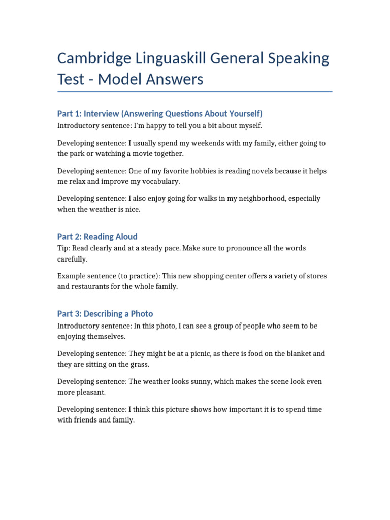 Linguaskill Speaking Model Answers | PDF