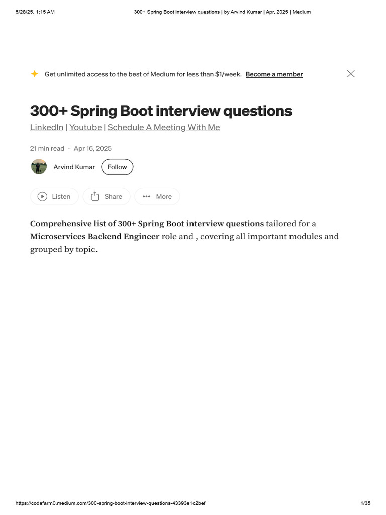 300+ Spring Boot Interview Questions - by Arvind Kumar - Apr, 2025 - Medium | PDF | Spring ...