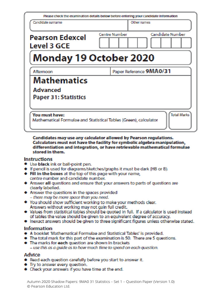 2010 9MA0-31 AL Statistics - October 2020 Shadow Paper (PDF) - 2 | PDF | Probability ...