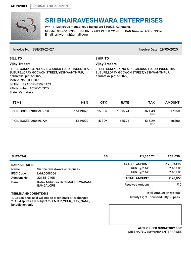 SBE 25-26 27-Sales Invoice-Vijay Traders | PDF | Economy Of India ...