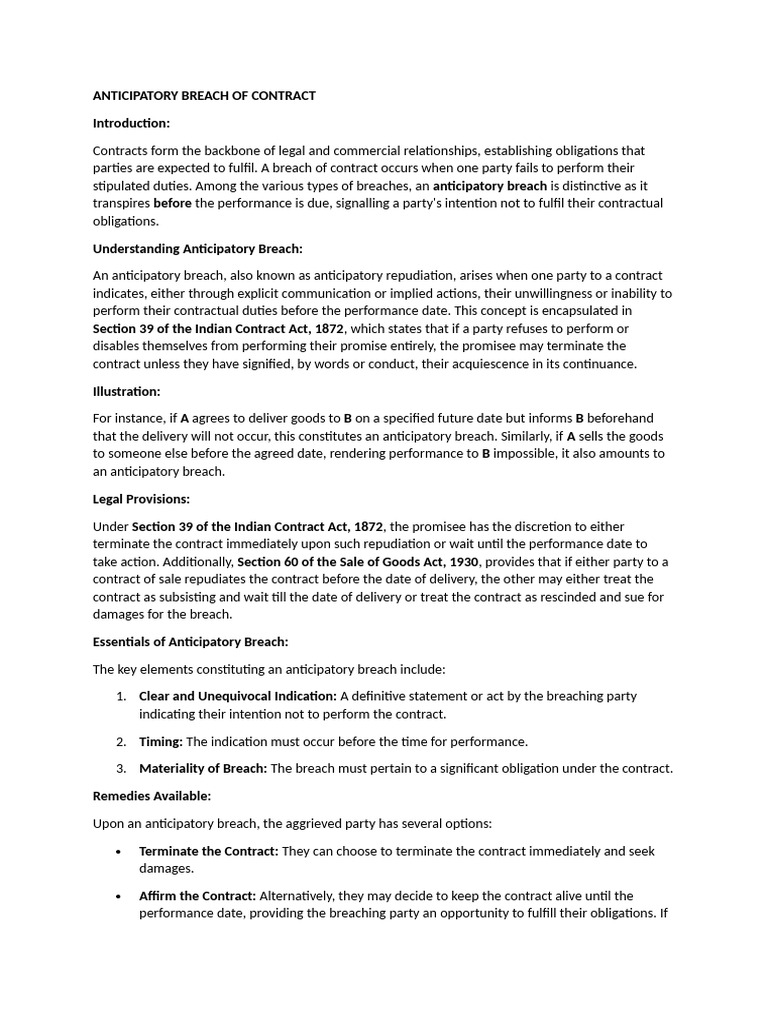Anticipatory Breach of Contract | PDF | Breach Of Contract | Business Law