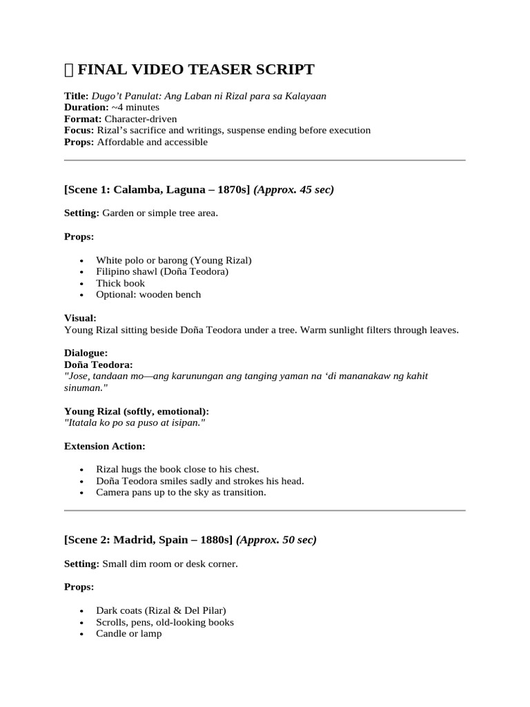 ? Rizal Video Teaser Script | PDF