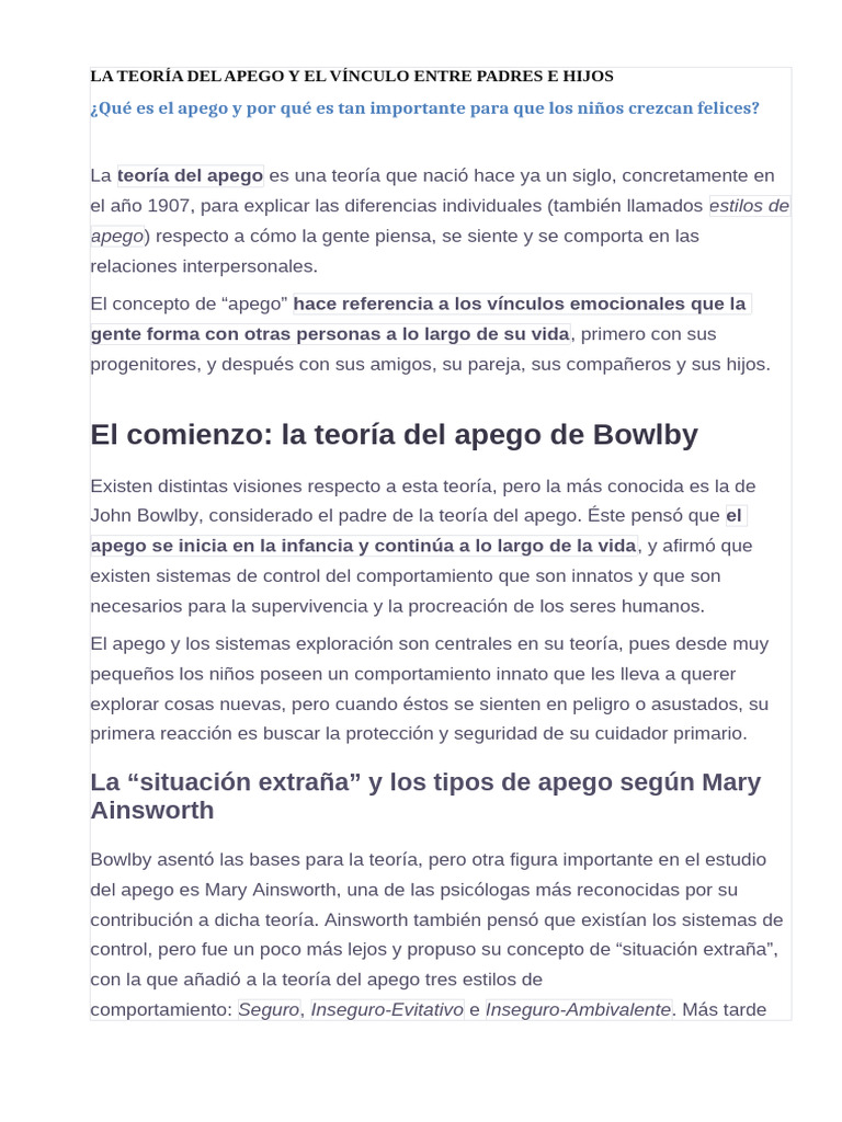 LA TEORÍA DEL APEGO Y EL VÍNCULO ENTRE PADRES E HIJOS | PDF | Teoría de apego | Relaciones ...