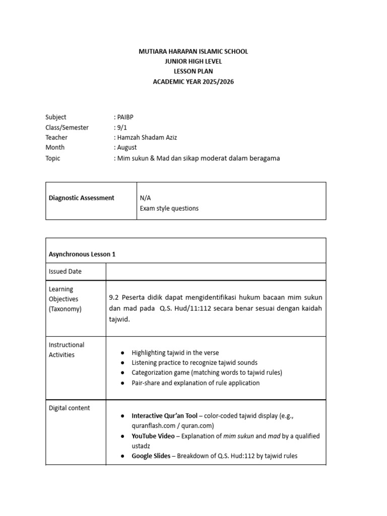 August - Paibp g9 Lesson Plan 2025-2026 | PDF | Teaching Method | Jihad