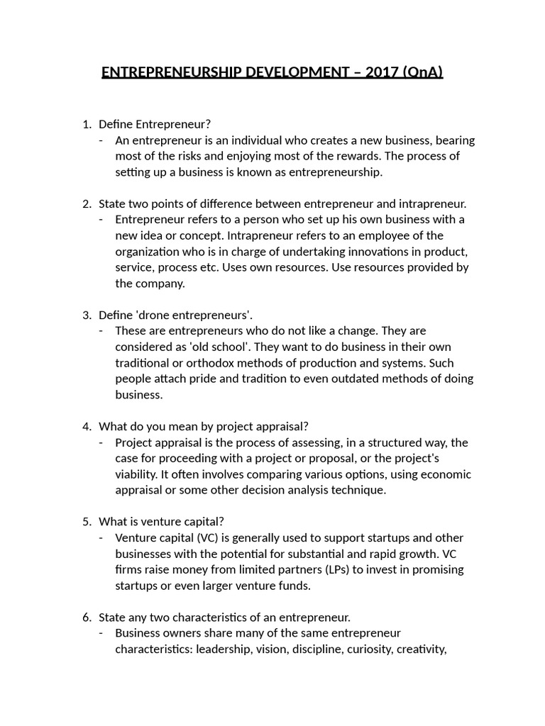 ENTREPRENEURSHIP DEVELOPMENT - 2017 (QnA) | PDF | Entrepreneurship ...