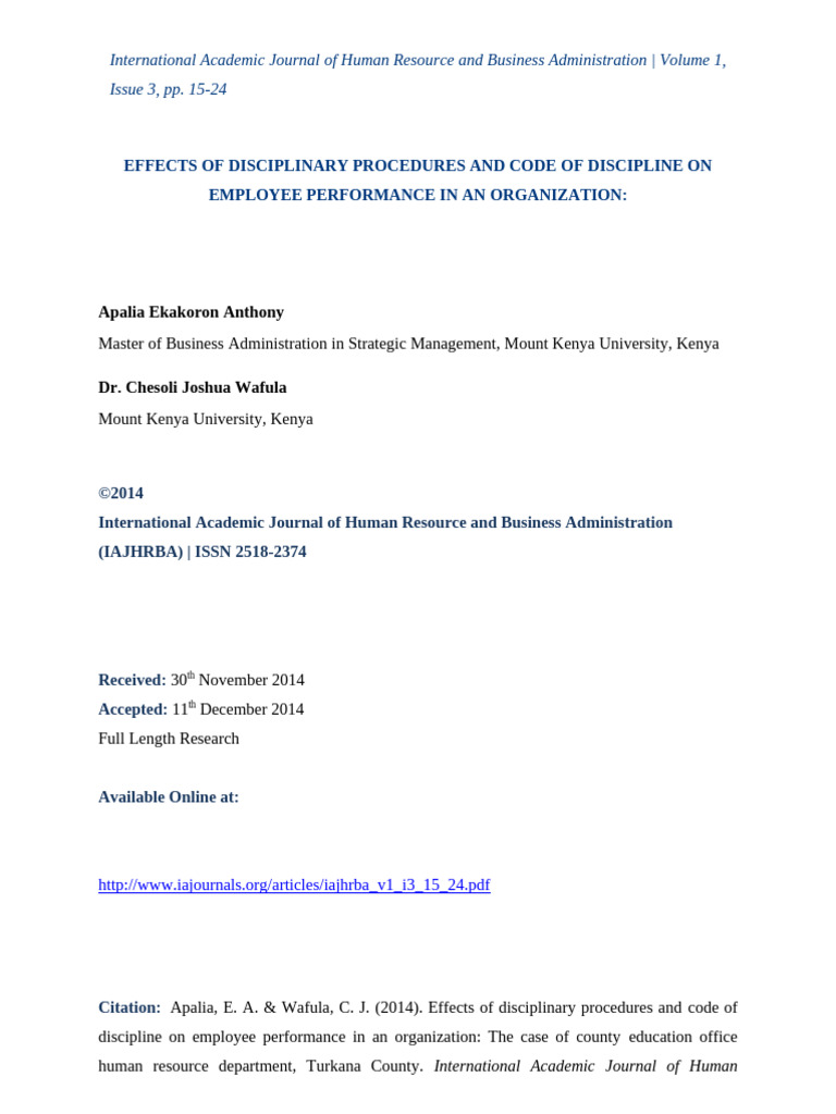 Effects of Disciplinary Procedures and Code of Discipline On Employee ...