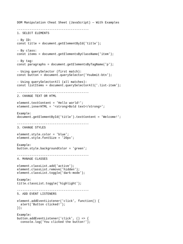 Expanded Dom Cheat Sheet | PDF | Document Object Model | Computing