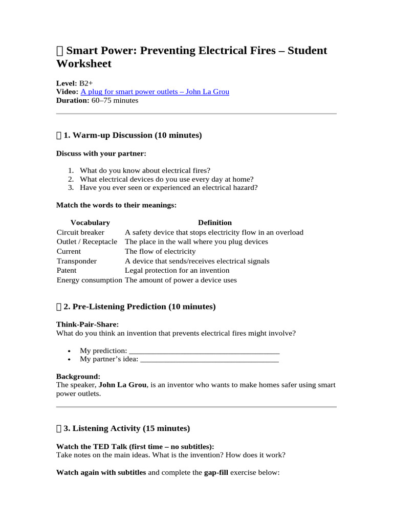 Worksheet - Preventing Electrical Fires (B2+ Level) | PDF | Ac Power ...