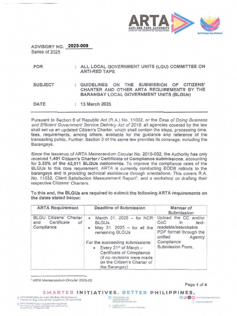 Advisory 2025-009 (BLGU ARTA Compliances) | PDF | Business Economics