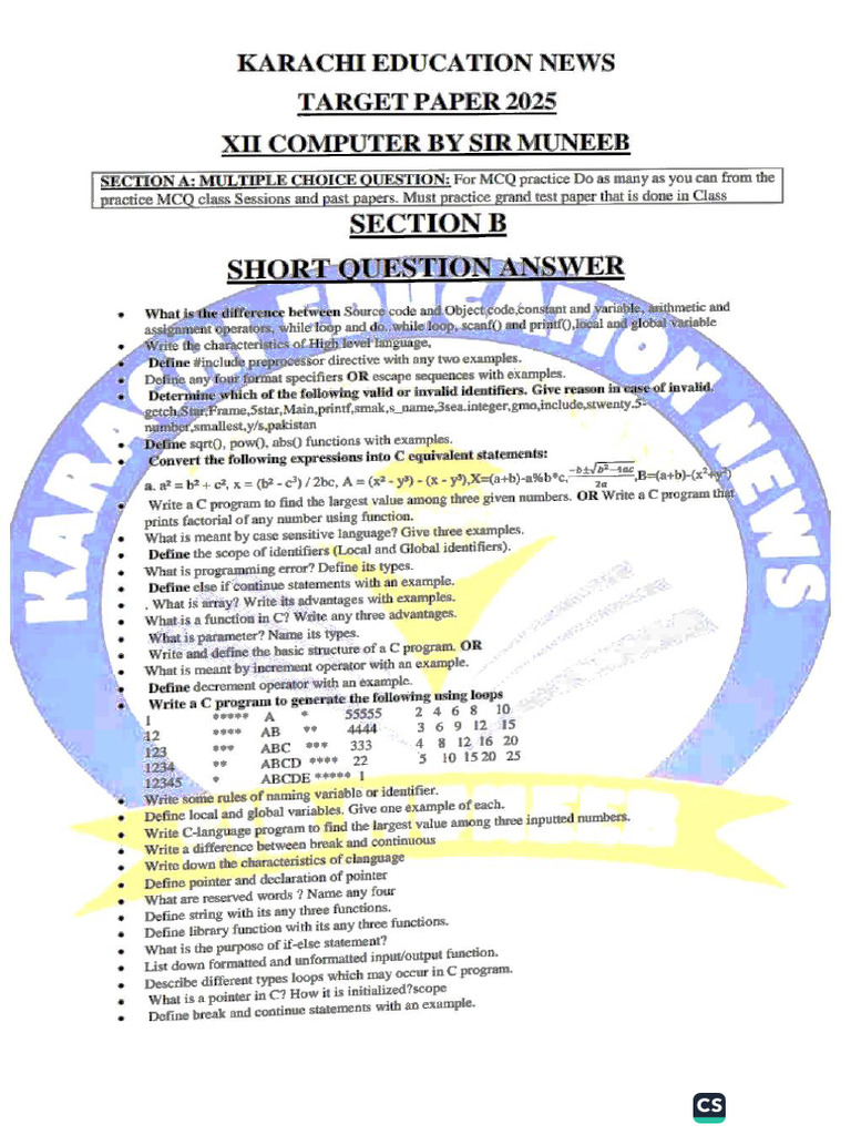 Xii Computer Target Paper 2025 by Sir Muneeb | PDF
