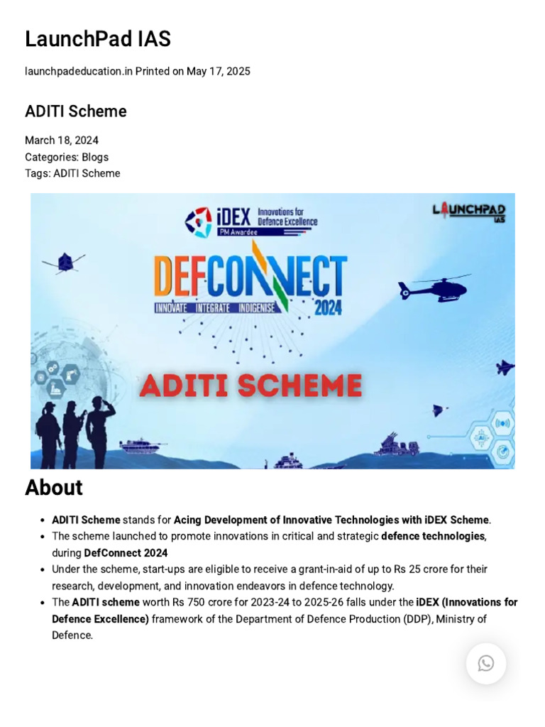 ADITI Scheme - Launchpad IAS UPSC & PCS Preparation With Expert Faculty | PDF | Military