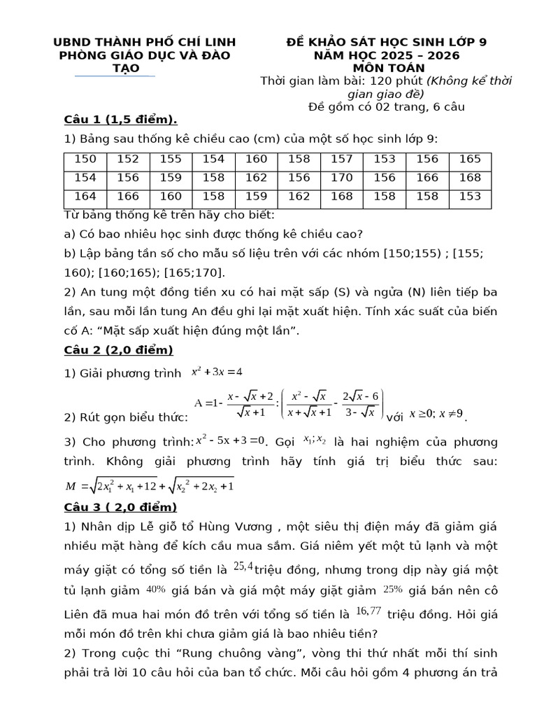De Khao Sat Toan 9 Nam 2025 Phong GDDT Chi Linh Hai Duong | PDF