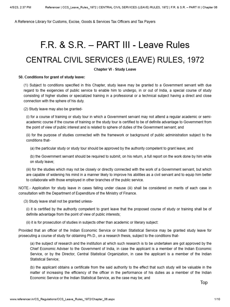 CCS Leave Rules 1972: Study Leave Guidelines | PDF | Salary | Customs