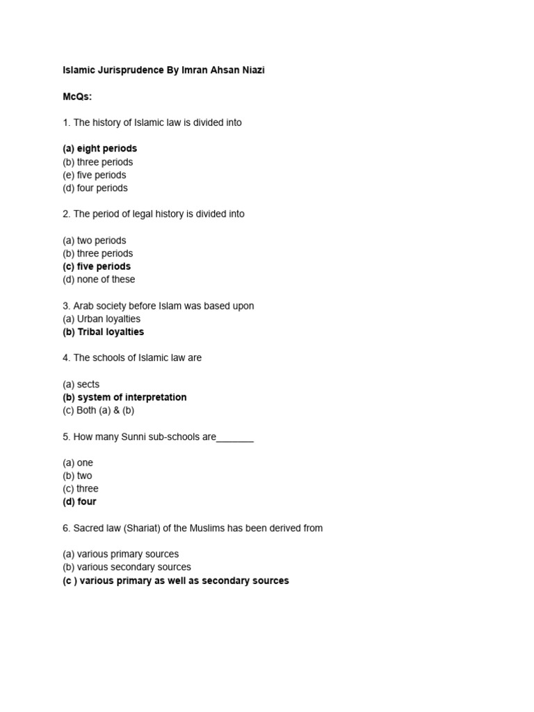 Islamic Jurisprudence McQs-1 | PDF | Sharia | Semitic Words And Phrases