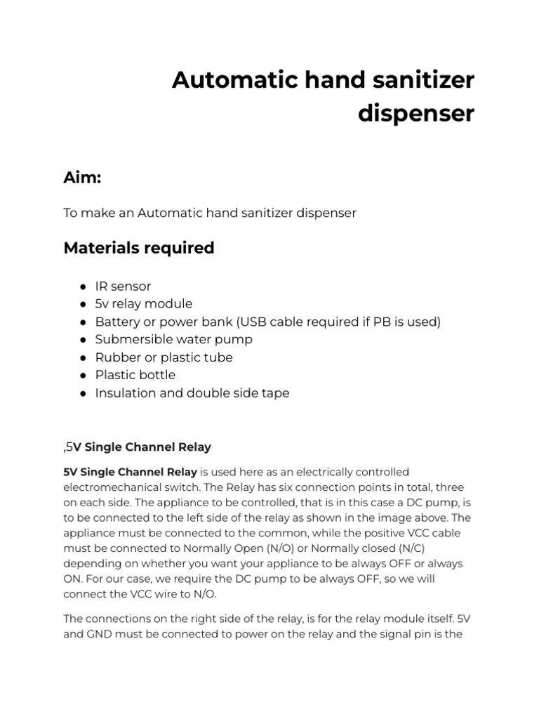 Automatic Hand Sanitizer Dispenser | PDF | Relay | Switch