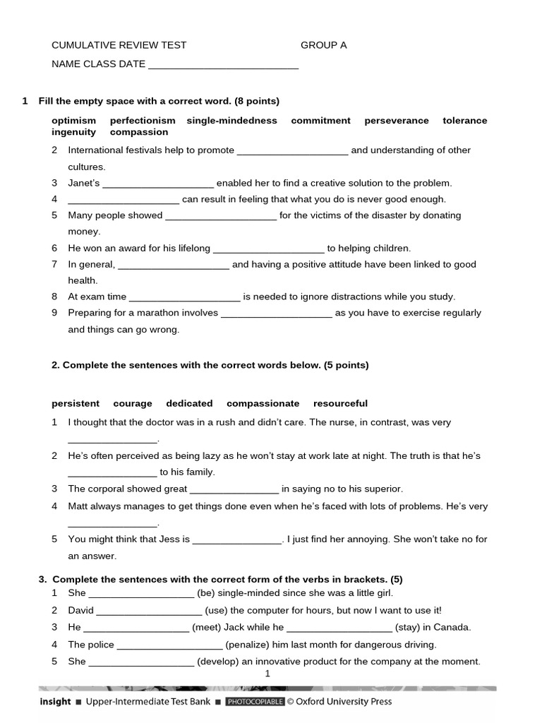 Vocabulary & Grammar Test Unit 1 Test B | PDF