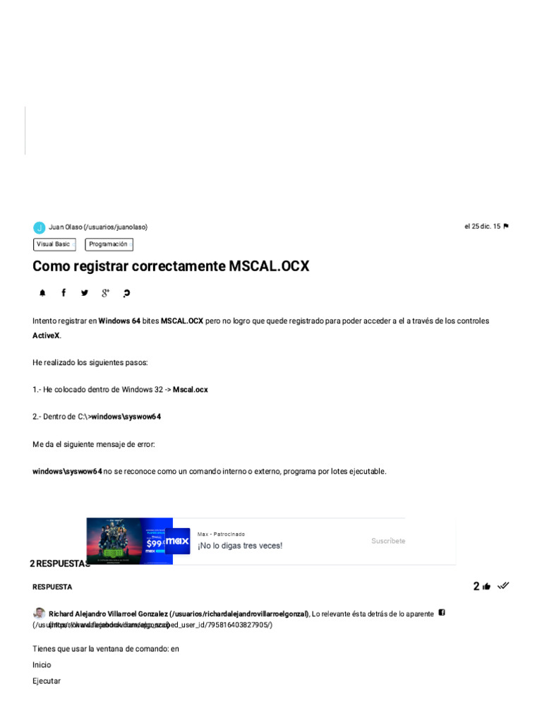 Como Registrar Correctamente MSCAL - OCX - Visual Basic | PDF | Windows 7 | Archivo de computadora