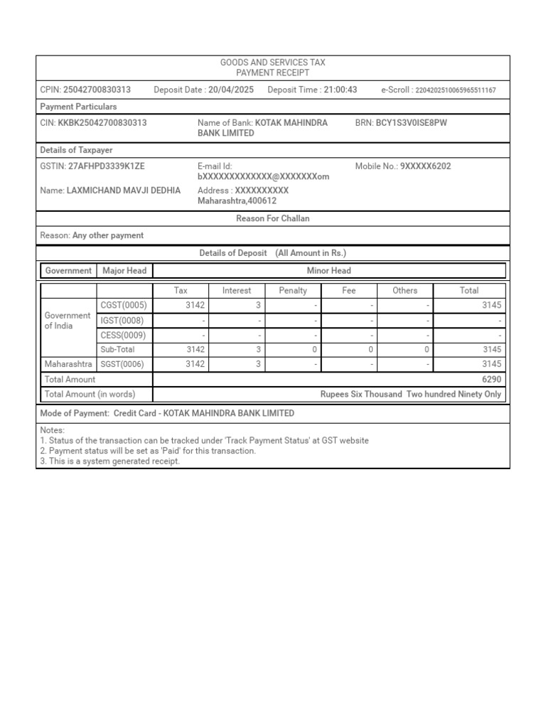 GST Payment Receipt for Laxmichand Dedhia | PDF