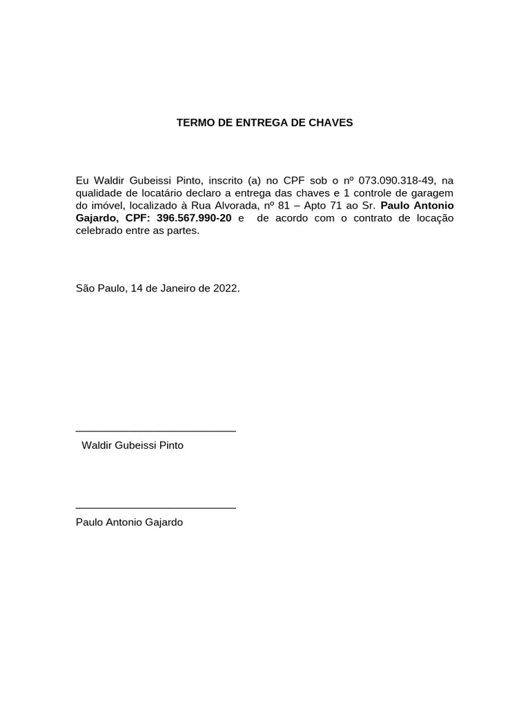 Termo de Entrega de Chaves | PDF