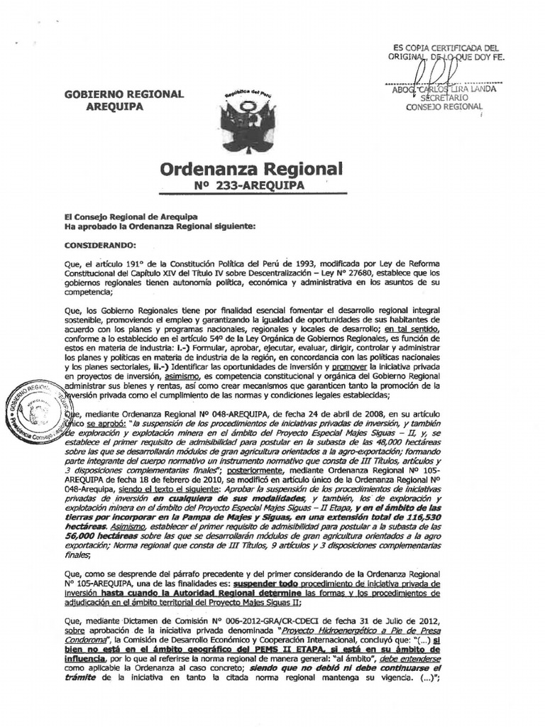 Ordenanza Regional sobre Inversión en Majes | PDF