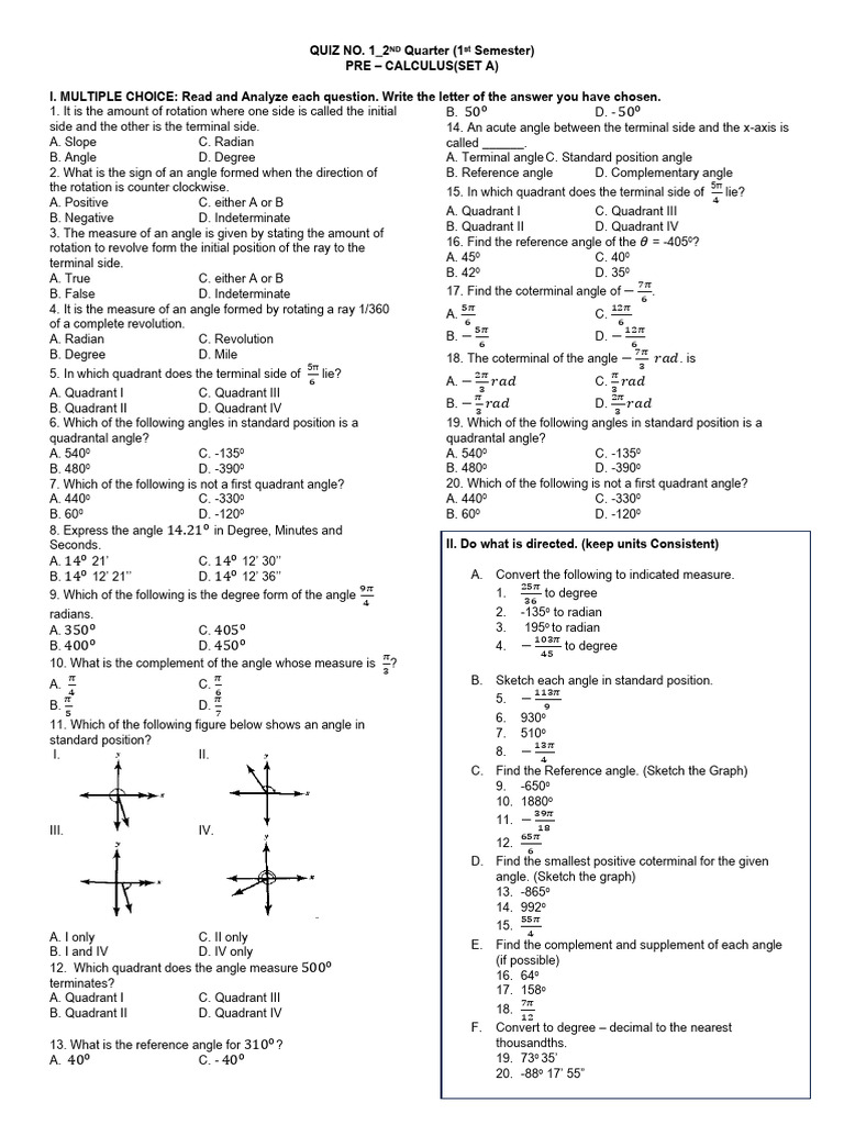 QUIZ-NO.1_PRE-CALCULUS_2ND-QRTRA | PDF | Angle | Cartesian Coordinate ...